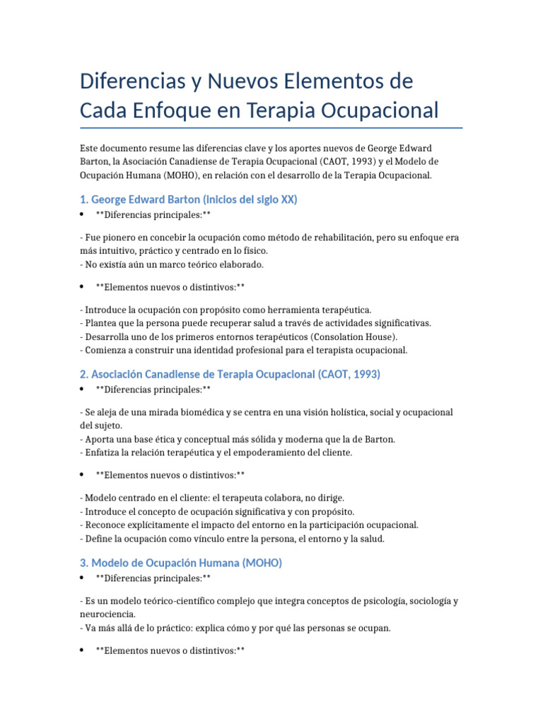 Diferencias y Elementos TO Barton CAOT MOHO | PDF | Terapia ocupacional | Psicoterapia