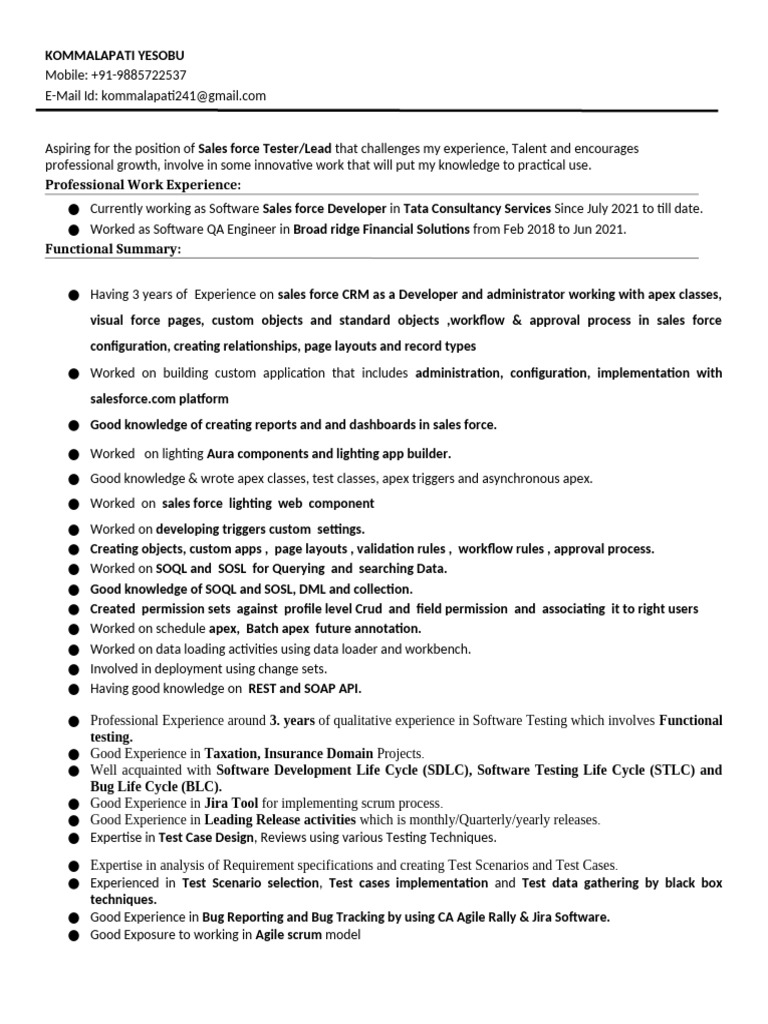 Salesforce Tester Resume Yesobu Pdf Software Testing Agile