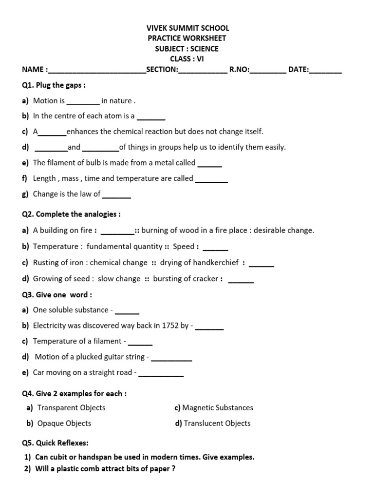SCIENCE PRACTICE WORKSHEET (CLASS VI) | PDF | Electricity ...