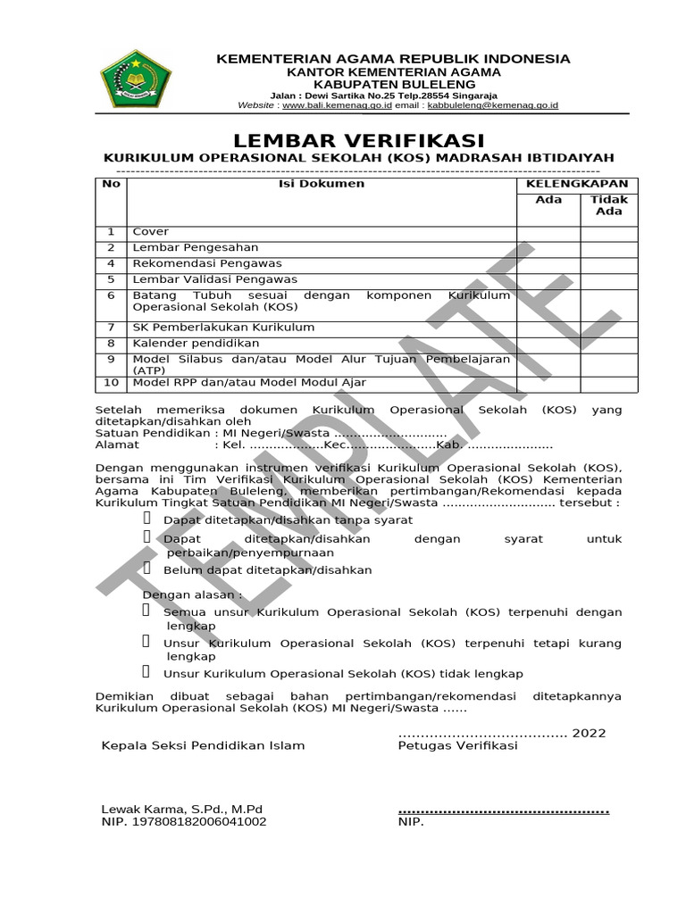 CONTOH LEMBAR VERIFIKASI KOS-OLEH DINAS | PDF