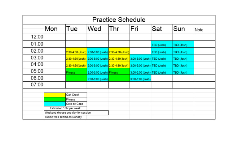Weekly Practice Schedule for Josh | PDF