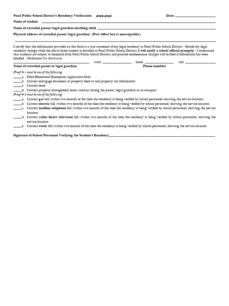 Pearl School District Residency Form 2024-25 | PDF