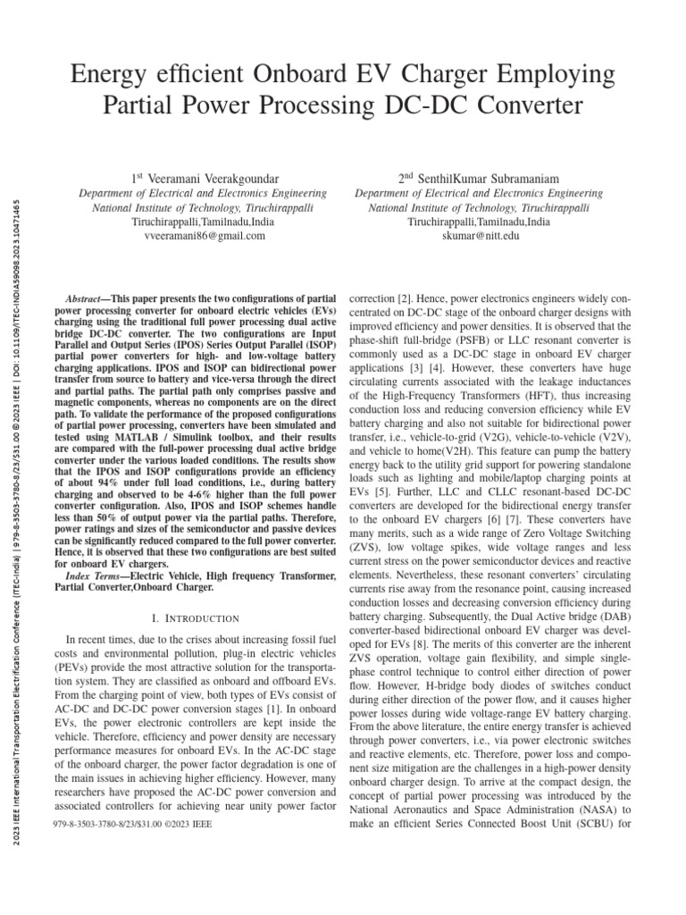 Energy Efficient Onboard EV Charger Employing Partial Power Processing DC-DC Converter | PDF ...