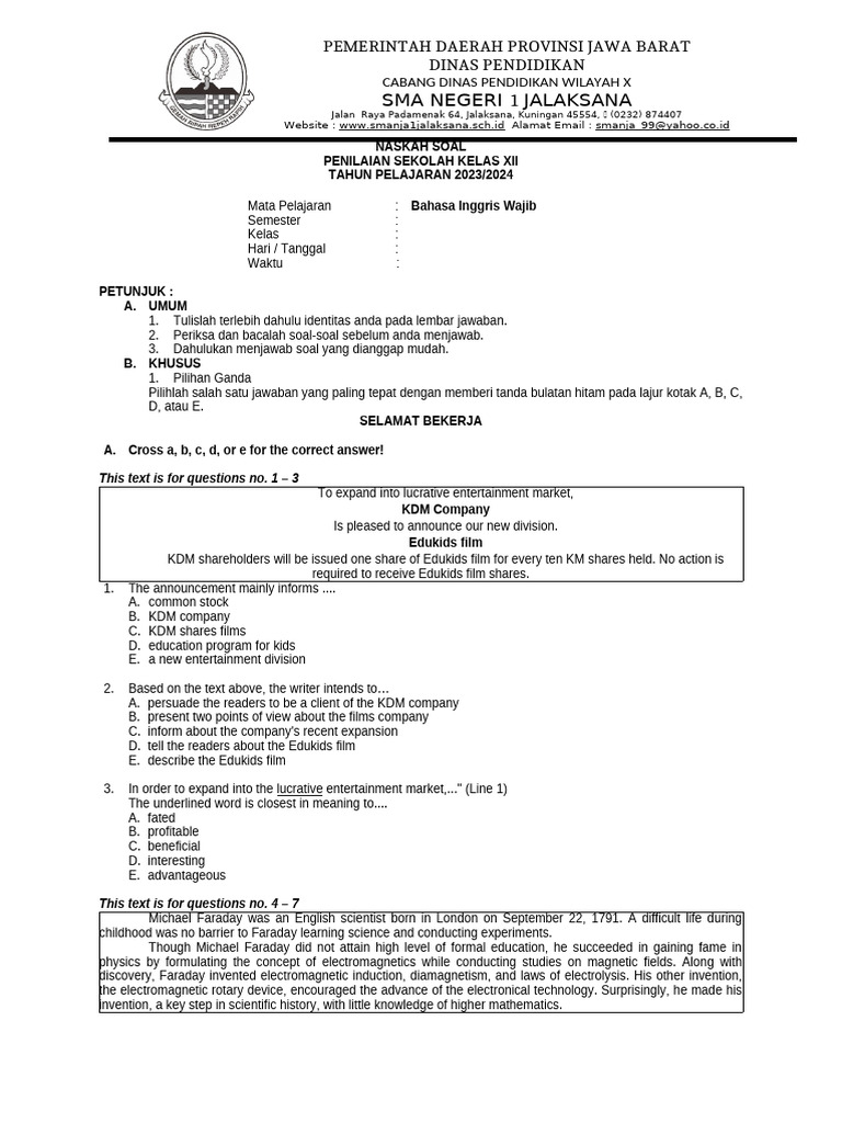 NASKAH SOAL Ujian Sekolah 2024 | PDF | Pupa | Butterfly