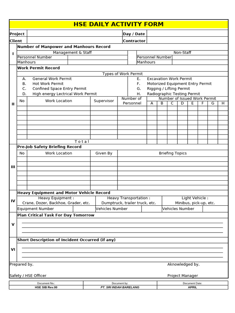 HSE Daily Activity Form Template | PDF
