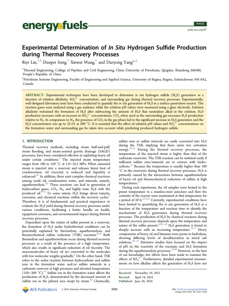 Experimental Determination of in Situ Hydrogen Sulfide Production During Thermal Recovery ...