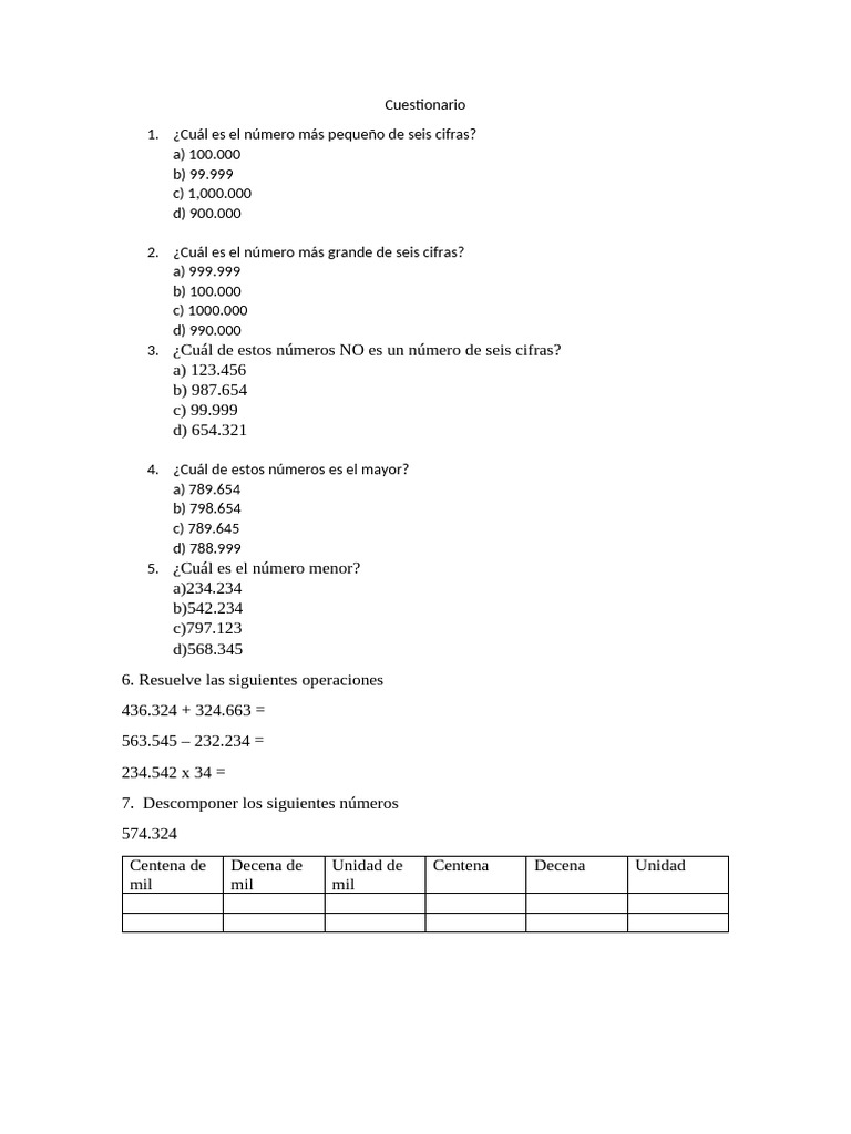 Cuestionario de Matemáticas y Respuestas | PDF