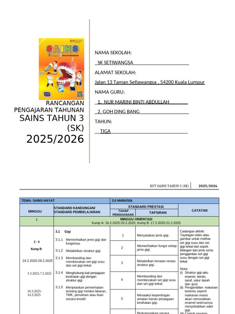 RPT Sains THN 3 SK 2025 2026 | PDF
