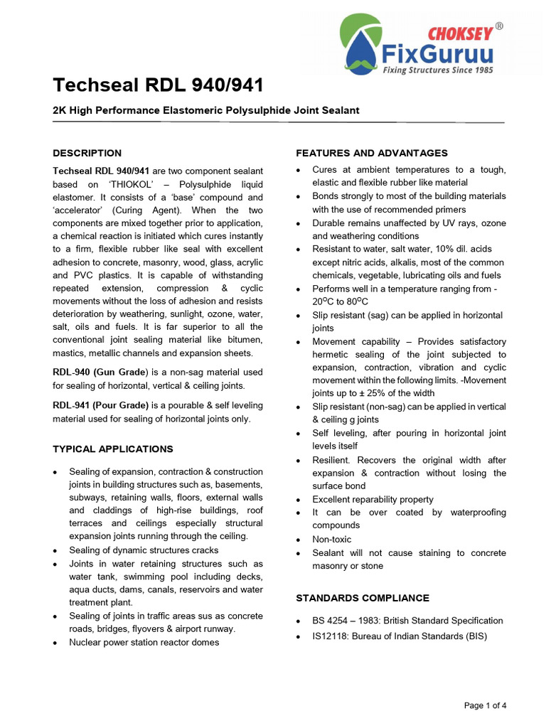 CHOKSEY FIXGURUU - Techseal RDL 940-941 & Primer RDL 942 | PDF | Concrete | Water