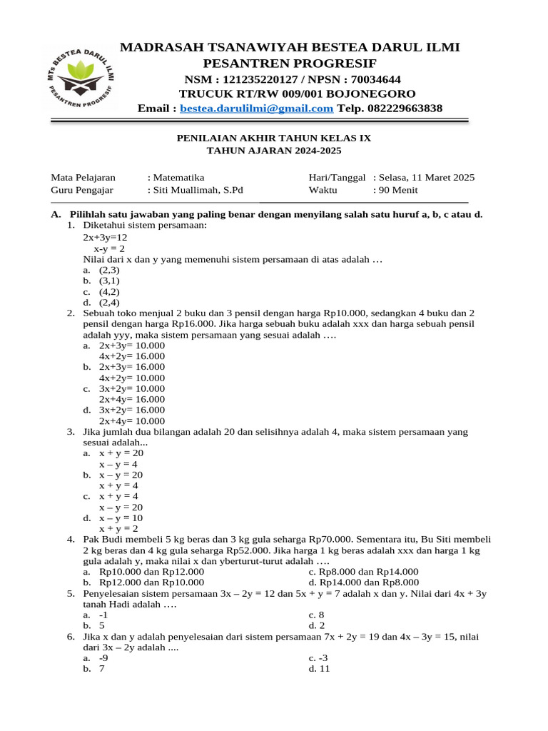 soal PAT Matematika kelas 9 | PDF