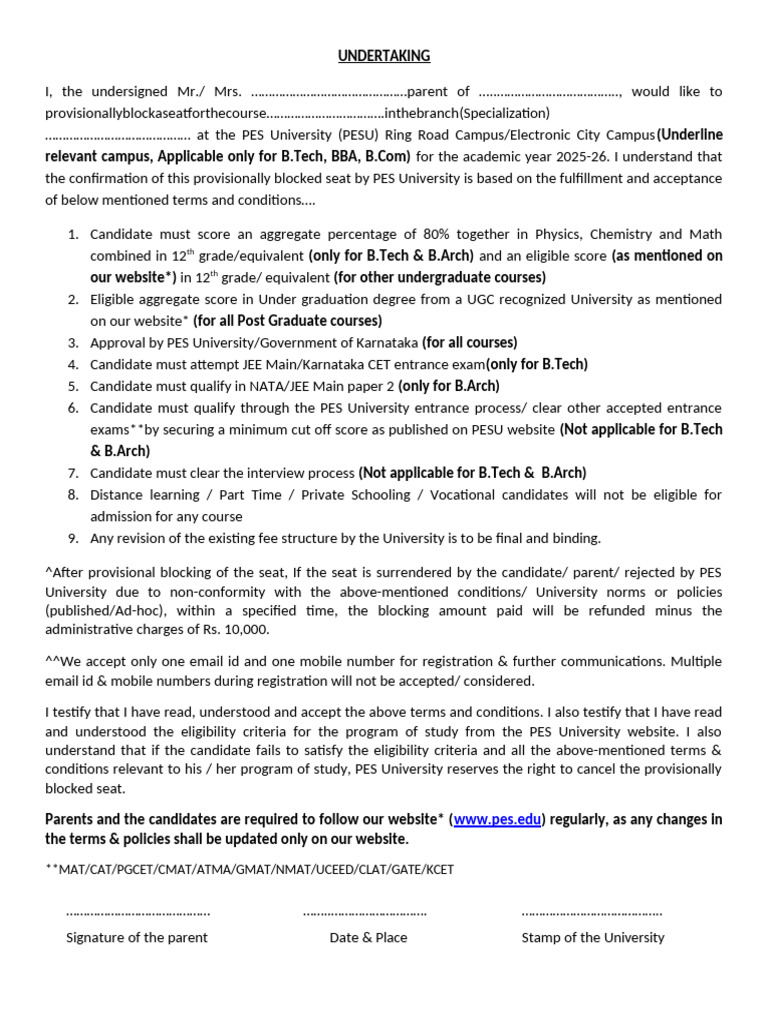 Letter of Undertaking 2025-26 Final | PDF | Qualifications | Academia