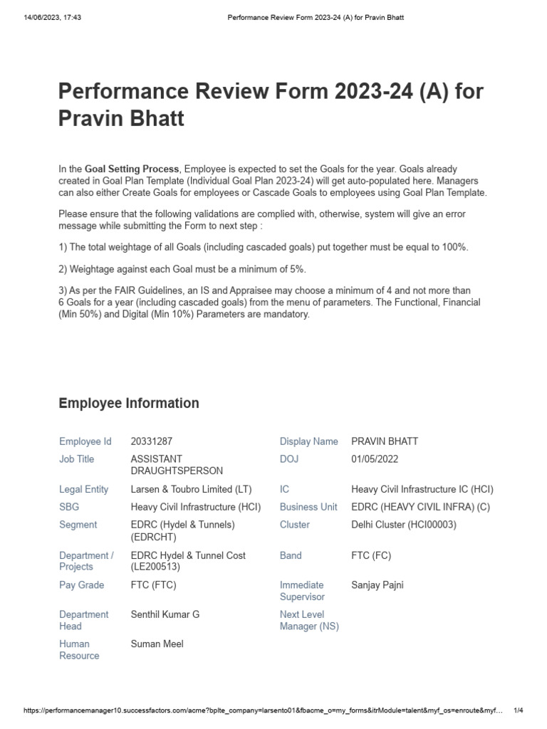 SuccessFactors - Performance Review Form 2023-24 (A) For Pravin Bhatt | PDF