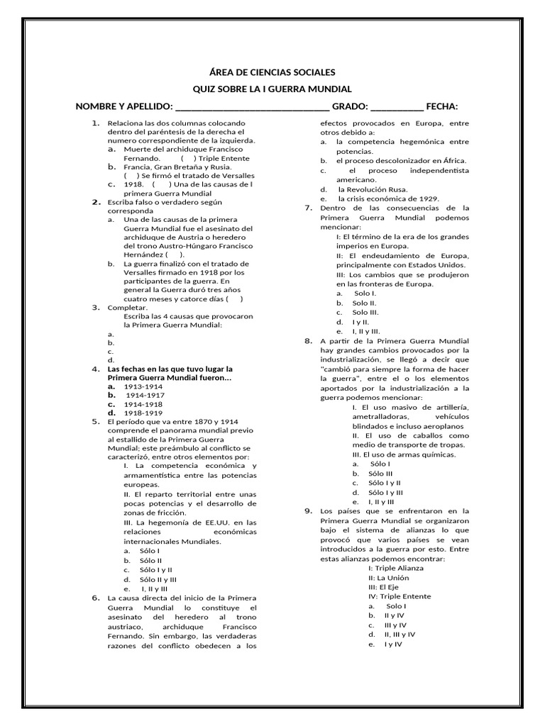 Quiz sobre la Primera Guerra Mundial | PDF | Primera Guerra Mundial ...