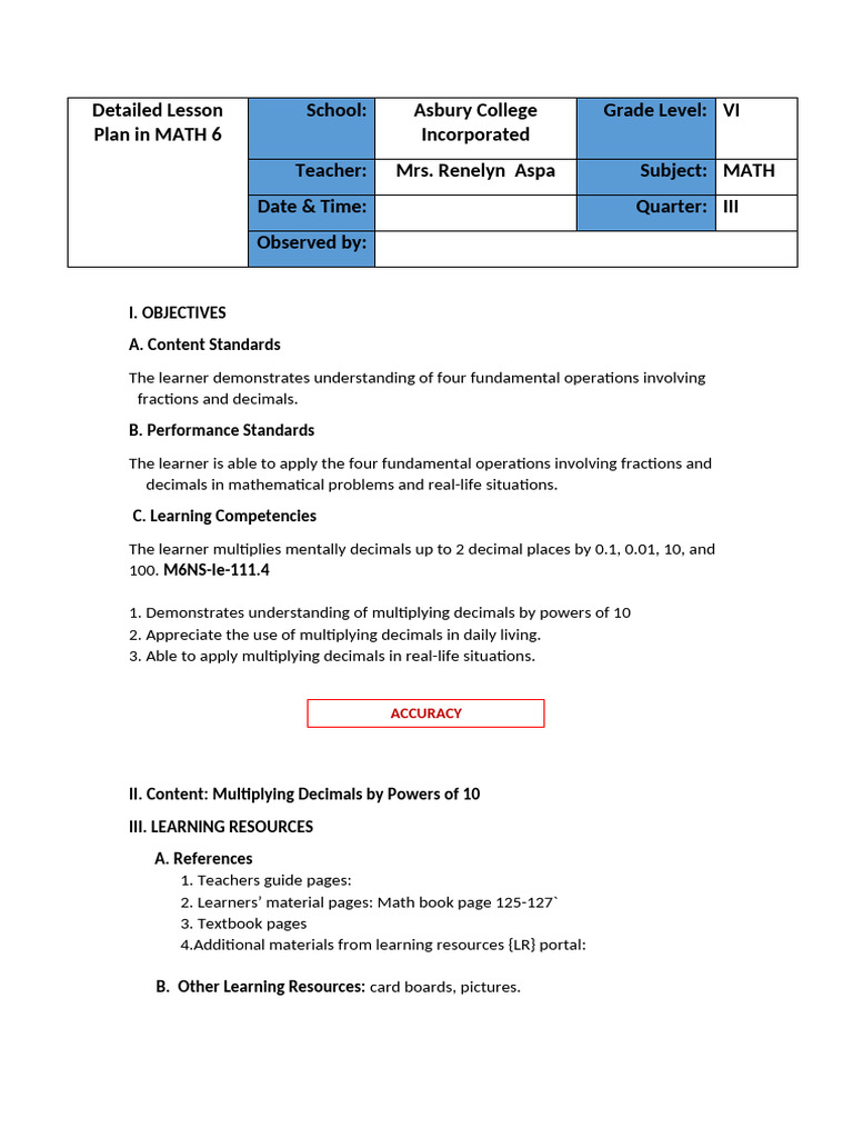 Detailed Lesson Plan in MATH 6(1) | PDF | Numbers | Teachers