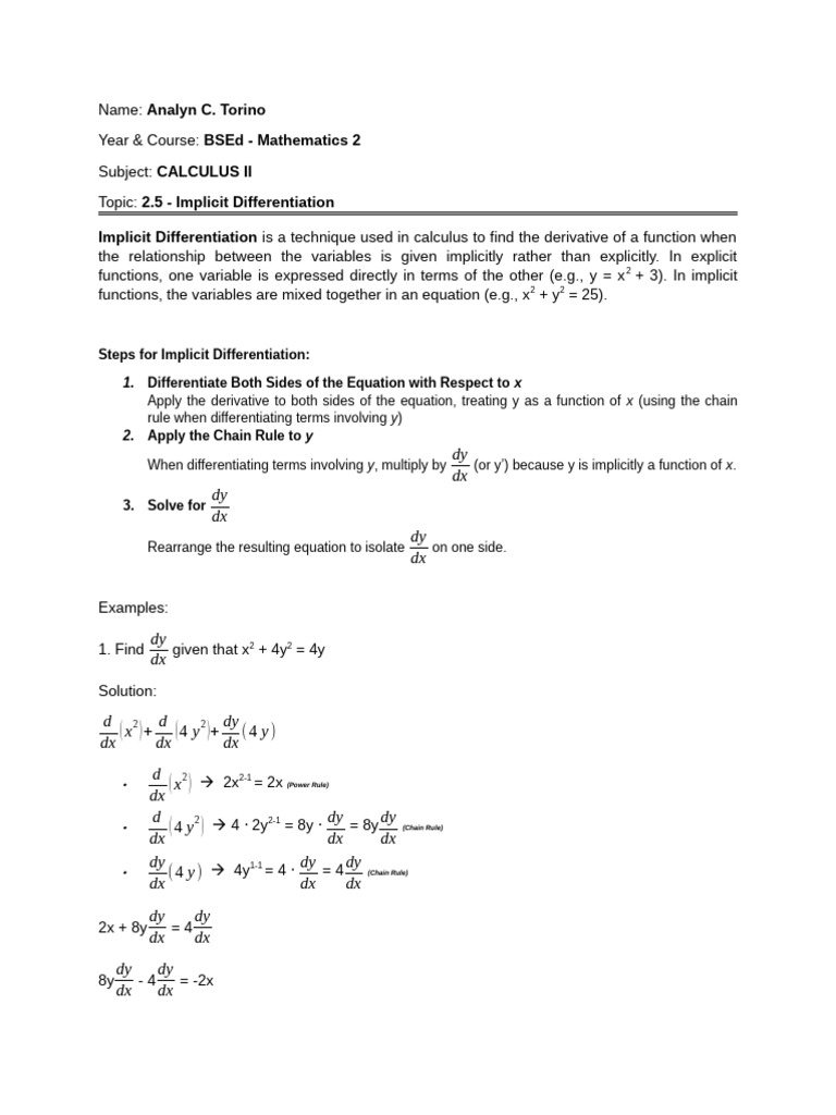 Implicit Differentiation in Calculus II | PDF | Derivative | Equations