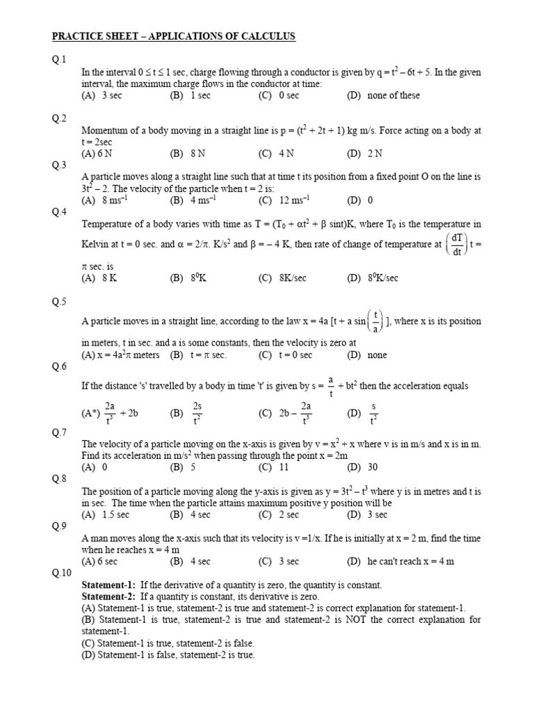 Calculus Applications Practice Sheet | PDF | Momentum | Velocity