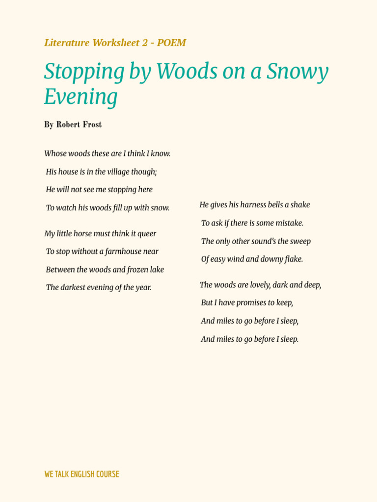 Literature Worksheet 2 - Stopping by Woods On A Snowy Evening | PDF