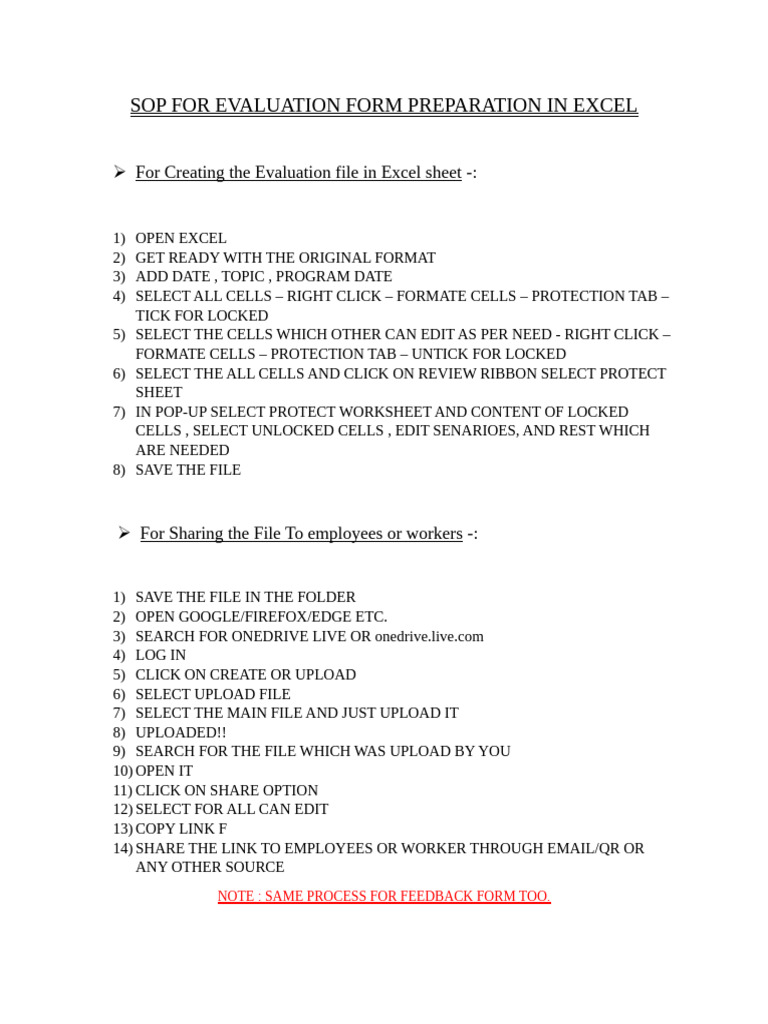 Sop for Evaluation Form Preparation in Excel | PDF