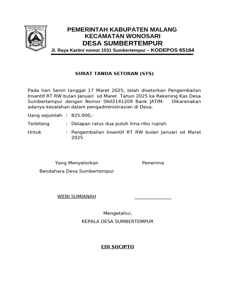 Surat Tanda Setoran Desa Sumbertempur | PDF