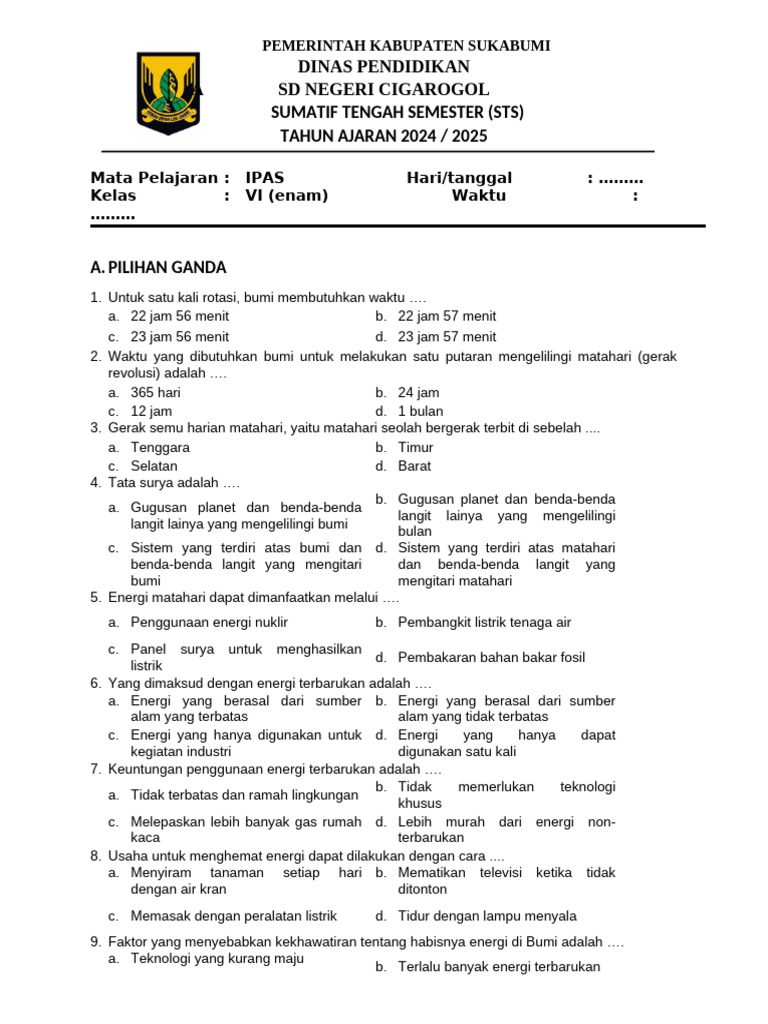 Soal Sts 2 Ipas Kelas 6 | PDF