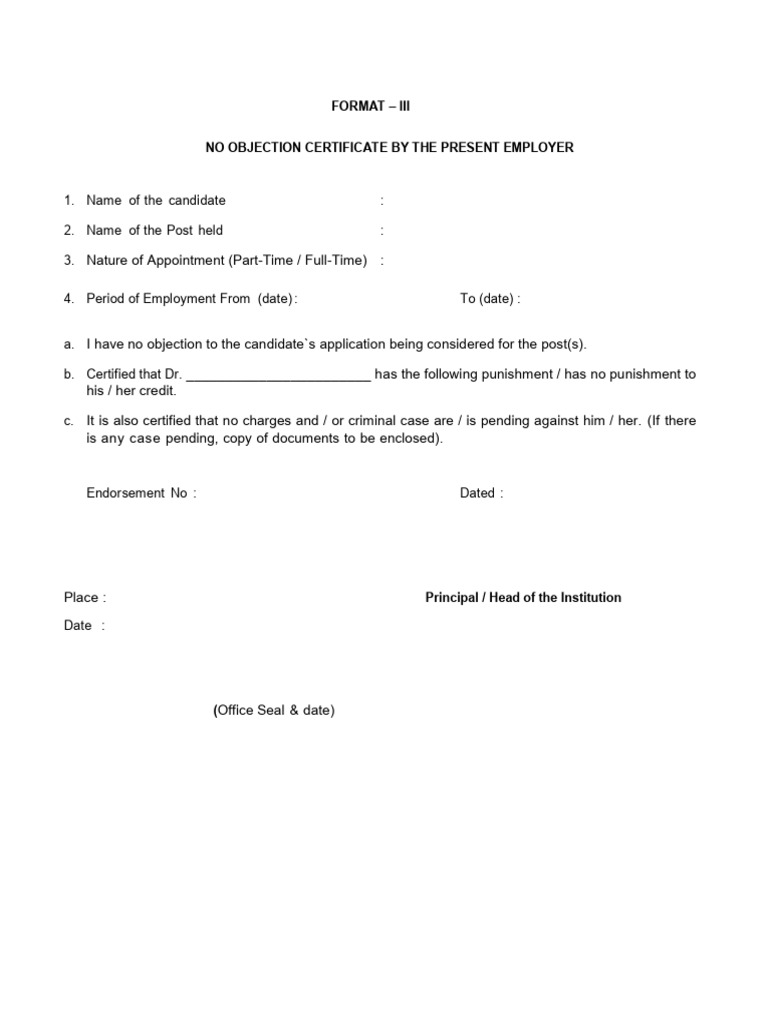 No Objection Certificate Format | PDF