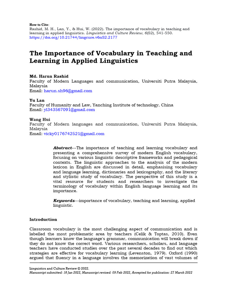 The Importance of Vocabulary in Teaching and Learn | PDF | Vocabulary ...