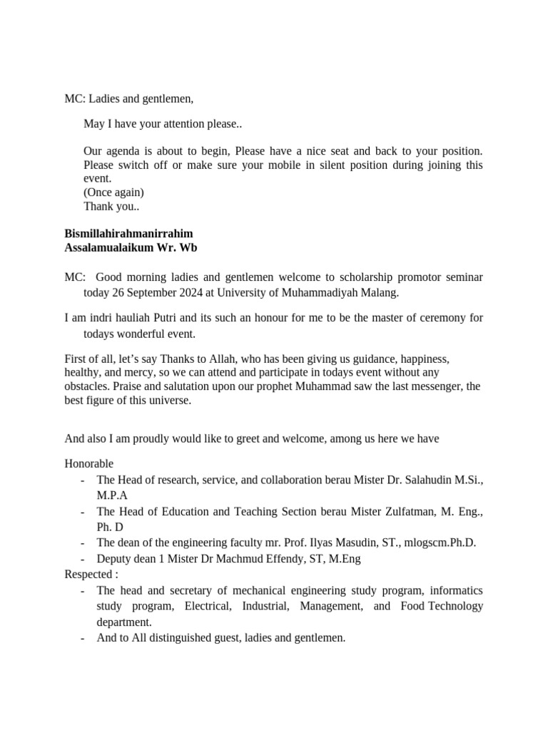 script MC - Seminar Taiwan | PDF