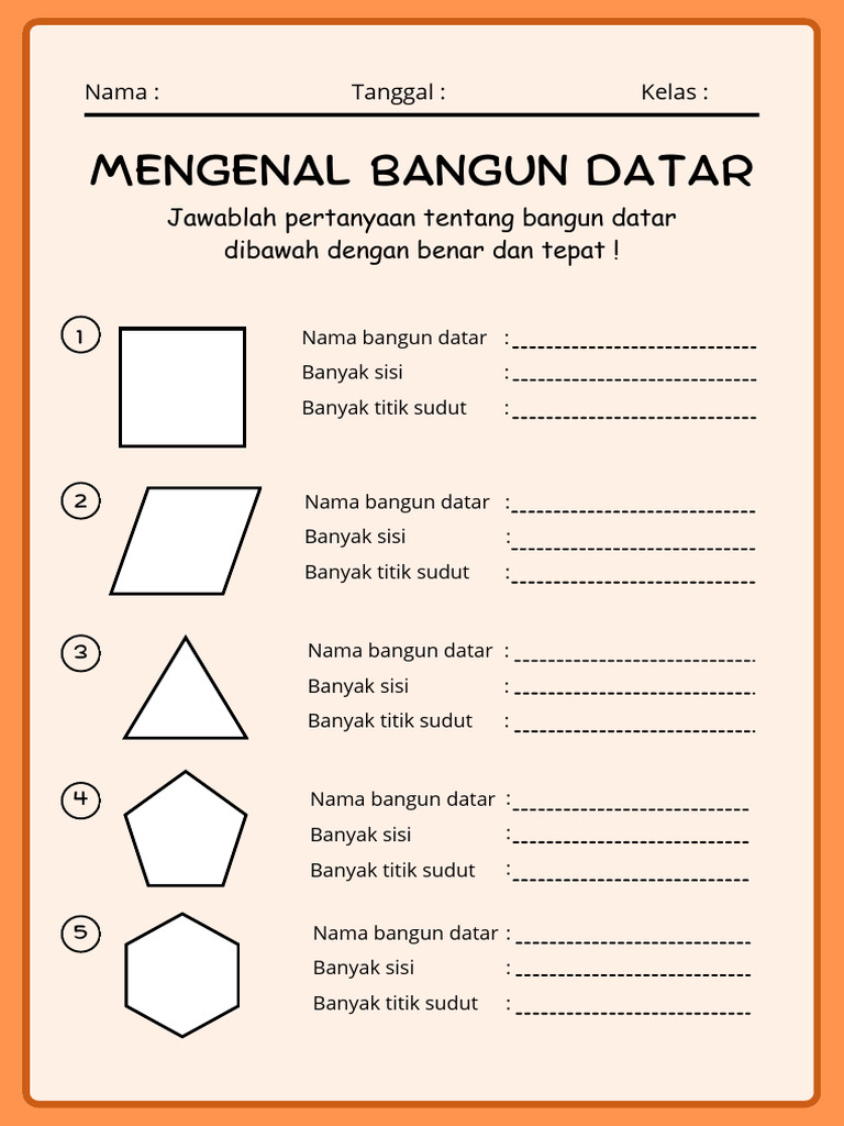 Oranye Ilustrasi Mengenal Bangun Datar Lembar Kerja Sekolah | PDF
