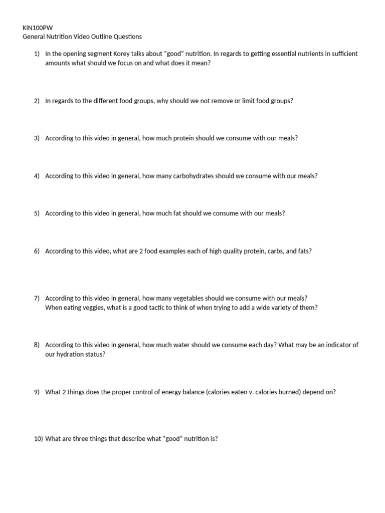 General Nutrition Video Outline Questions | PDF