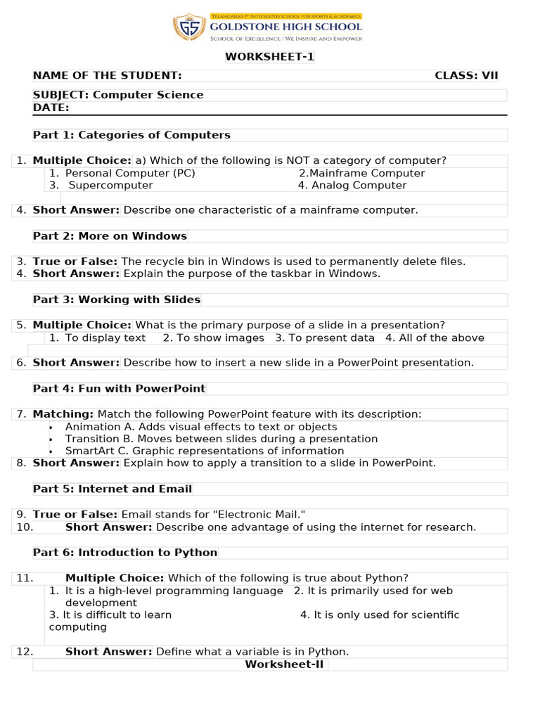 Computer Worksheet Grade VII | PDF | Microsoft Power Point | Personal Computers