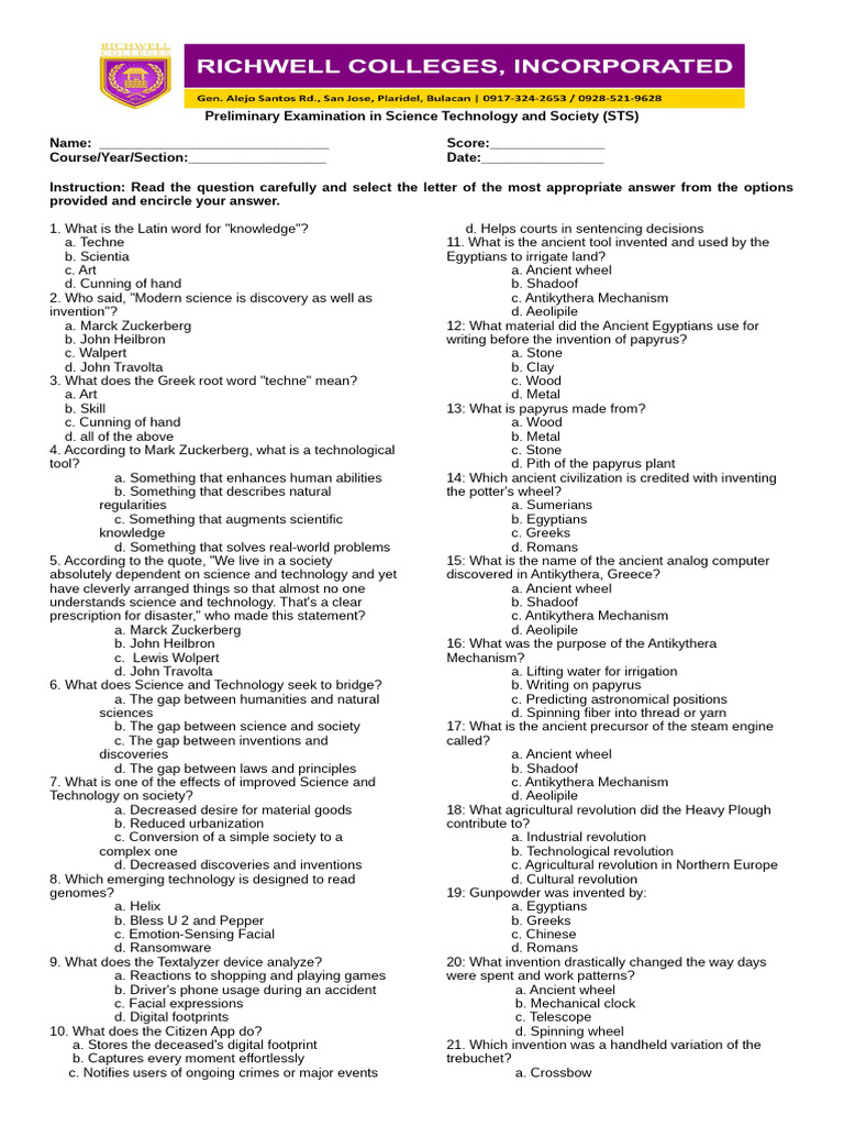 STS Preliminary Exam 2025 Guide | PDF | Science