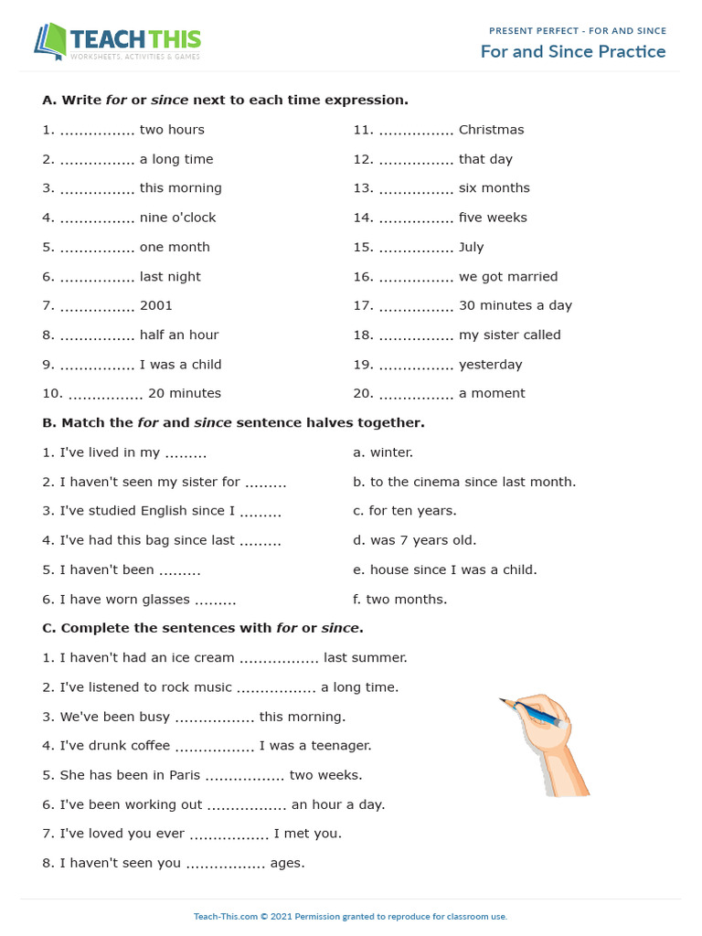 Present Perfect For And Since Practice Pdf