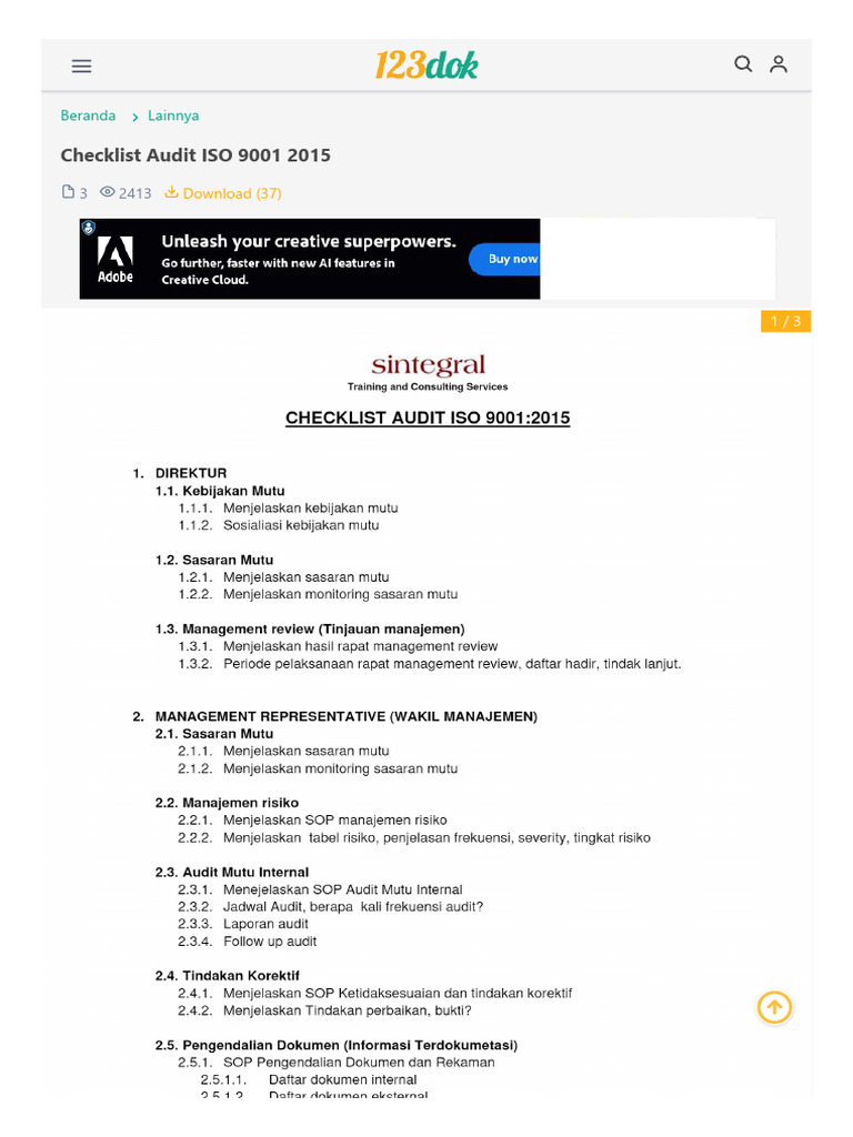Checklist Audit ISO 9001:2015 Gratis | PDF