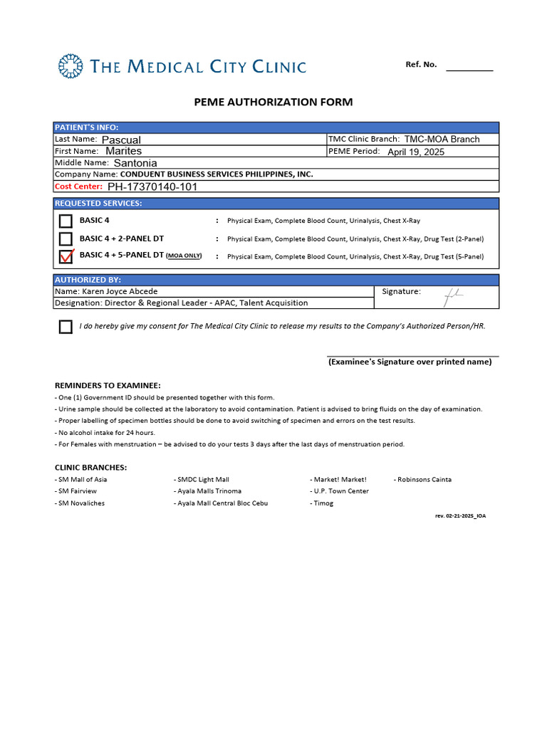PEME Authorization Form for Medical Services | PDF