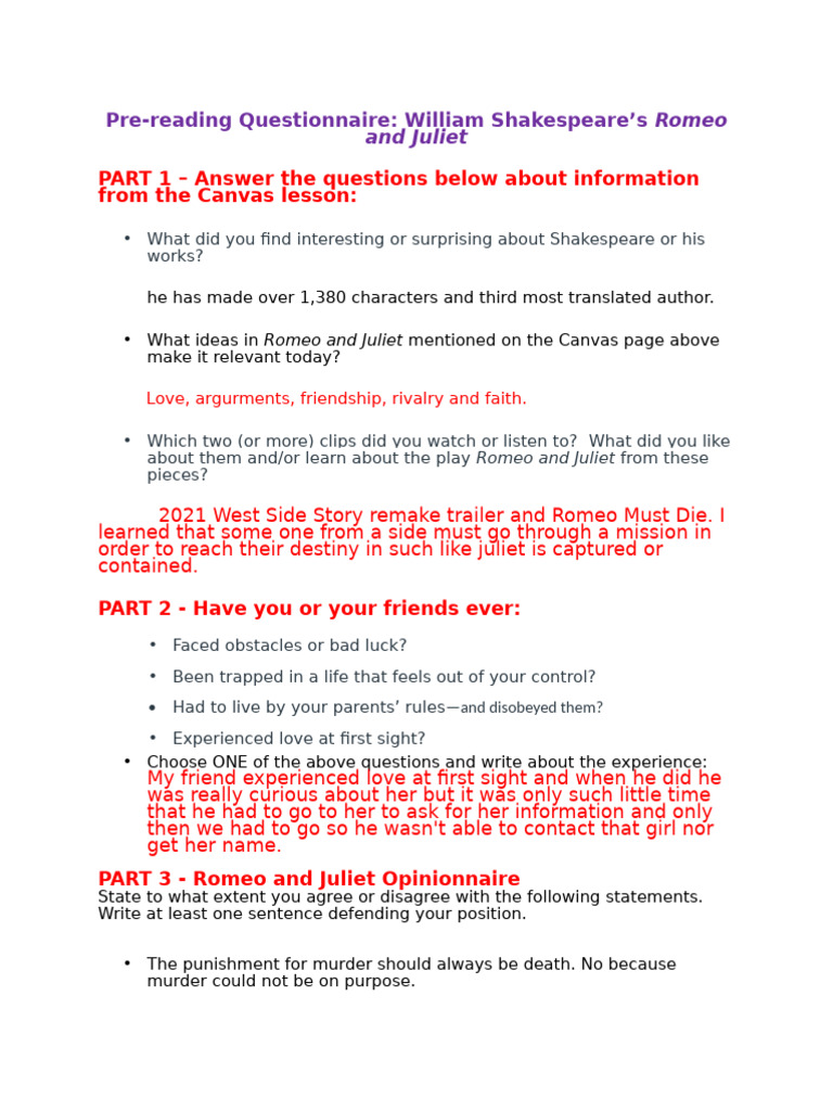 Romeo and Juliet Pre Reading Day 1-1-1 | PDF | Romeo And Juliet