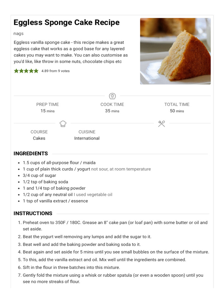 Eggless Vanilla Sponge Cake Recipe | PDF