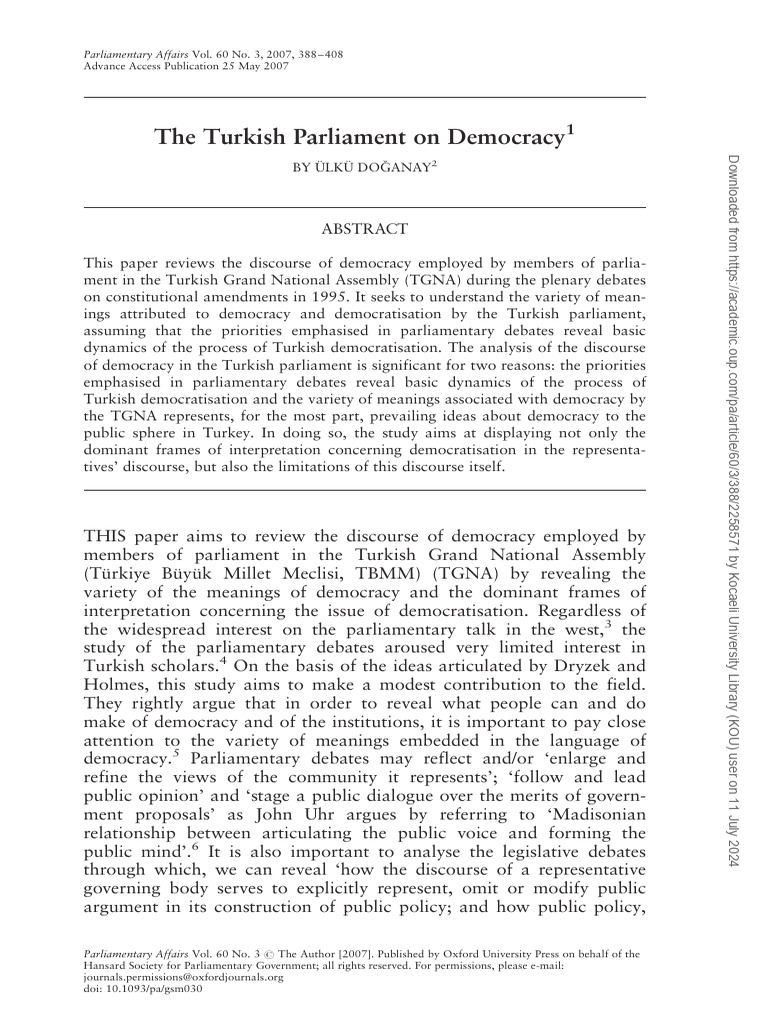 Turkish Parliament's Democracy Discourse | PDF | Democratization ...