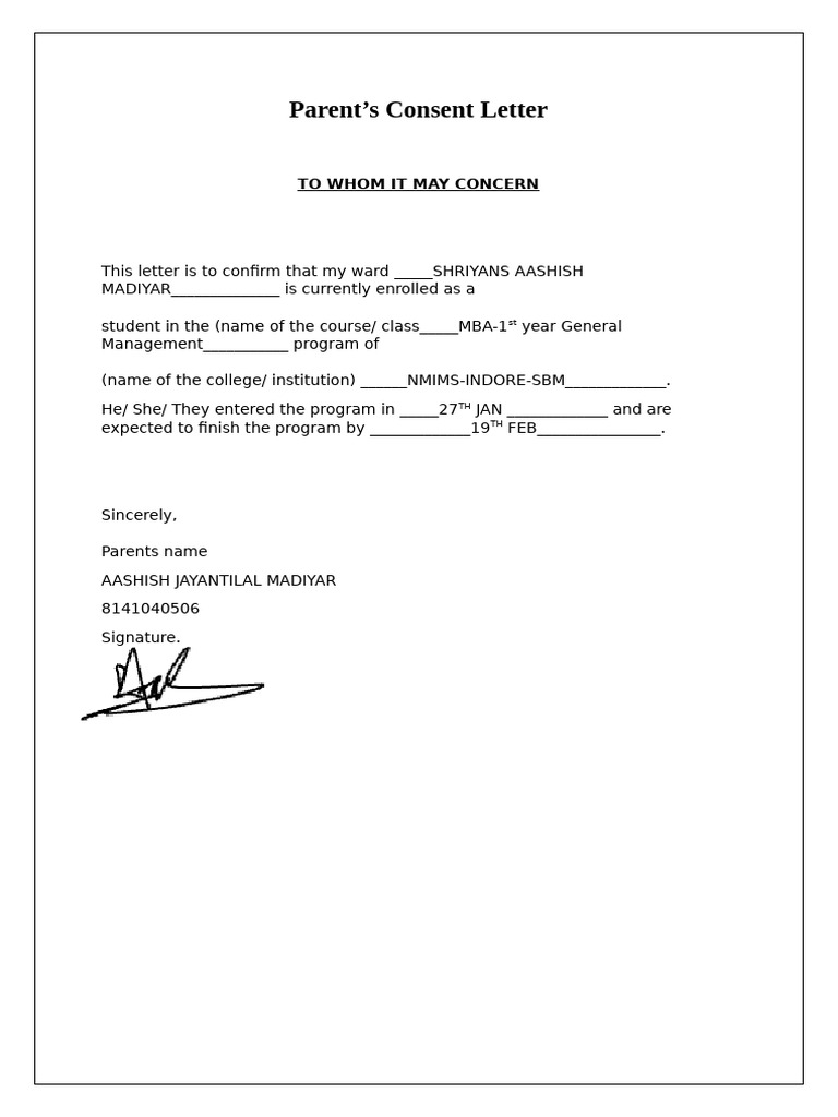 Parent Consent Letter for Student Enrollment | PDF