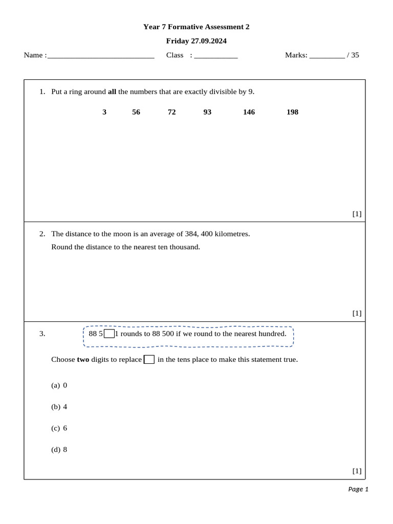 Year 7 Formative Assessment 2 - AH | PDF | Function (Mathematics) | Mathematics
