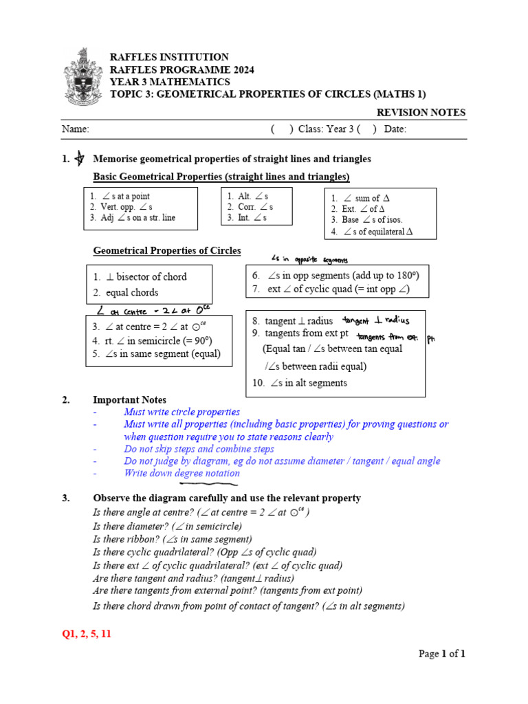 03 Revision Notes (Geom Properties of Circles) PDF | PDF | Euclidean ...