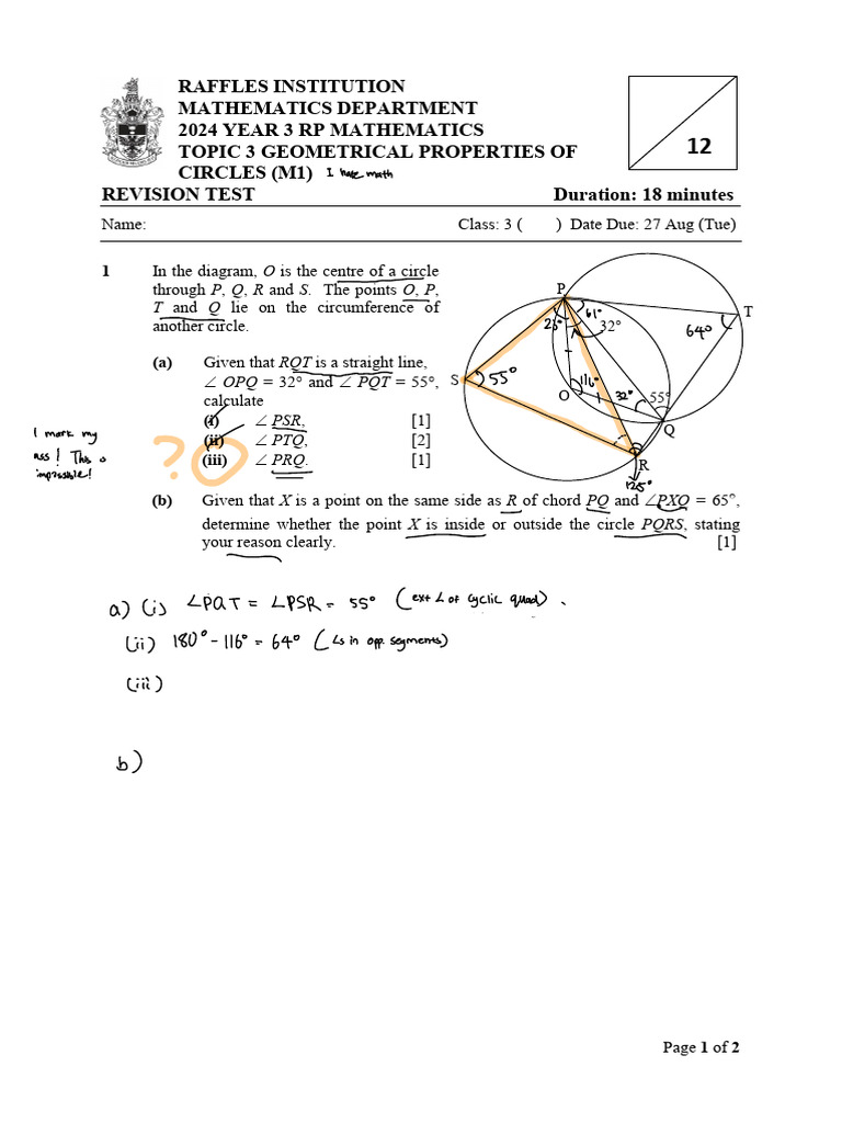 Year 3 Geometry Circle Revision Test | PDF | Circle | Analytic Geometry