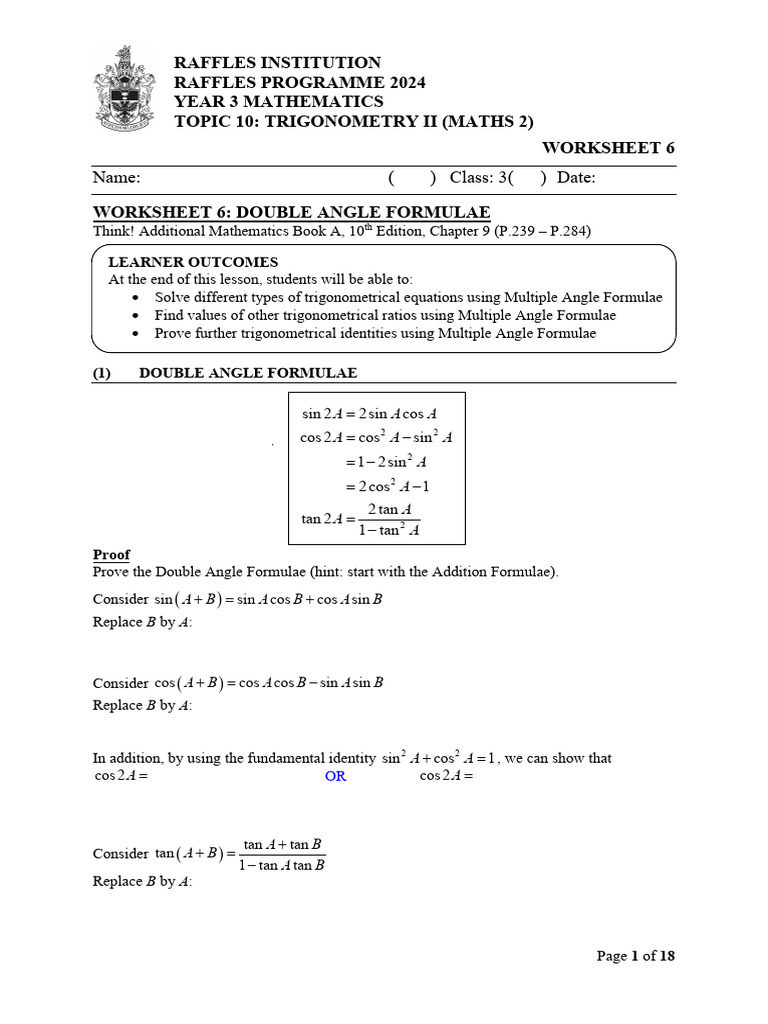 06 WS6 Double Angle Formulae PDF | PDF | Trigonometry | Trigonometric ...