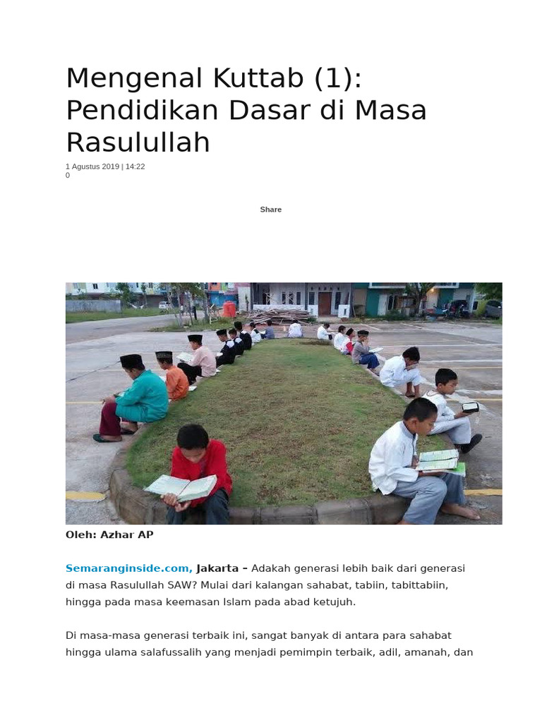 Mengenal Kuttab 1 Pendidikan Dasar Di Masa Rasulullah | PDF
