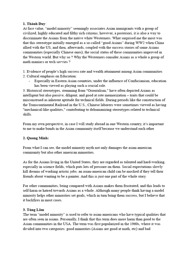 (La Pinguina) What Do Think About Model Minority | PDF | Minority Group | Stereotypes