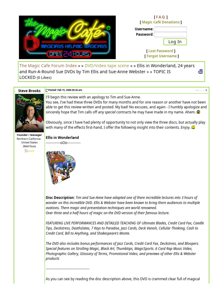 The Magic Cafe Forums - Ellis in Wonderland, 24 years and Run-A-Round Sue DVDs by Tim Ellis and ...