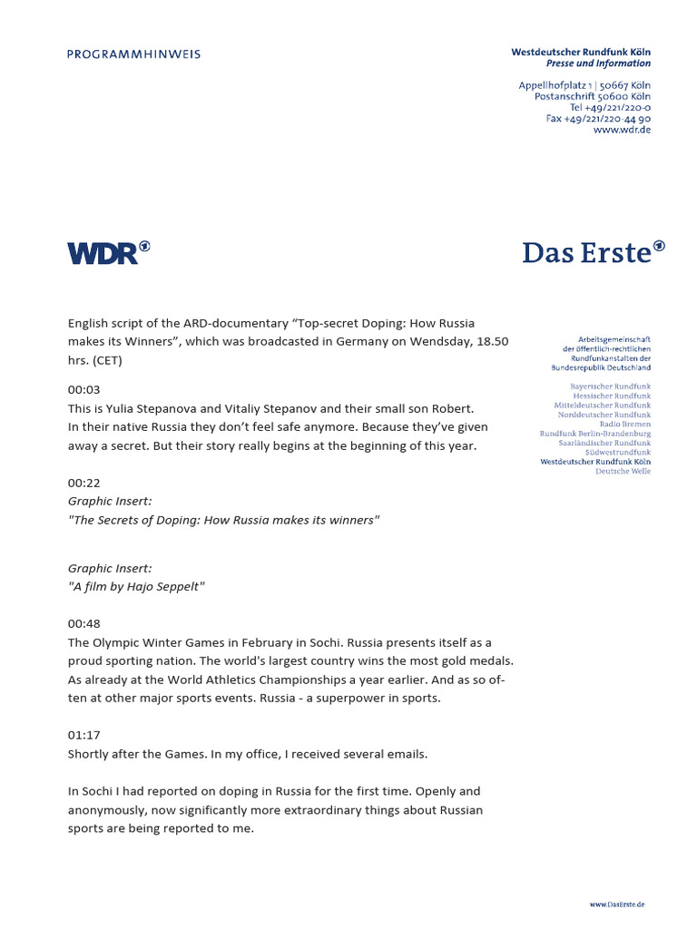 Docu Script - ToP-SECRET DOPING-How Russia Makes Its Winners | PDF | Doping In Sport | Sports