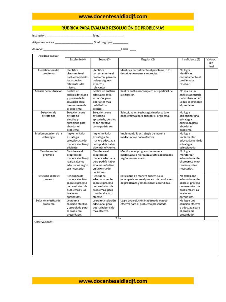 Rubrica para Resolucion de Problemas | PDF | Cognición | Aprendizaje