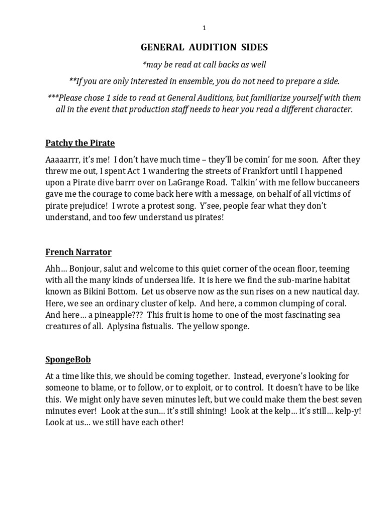Audition Sides - Spongebob Squarepants | PDF