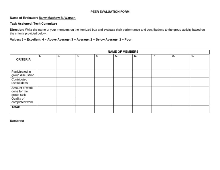 Peer Evaluation Form | PDF