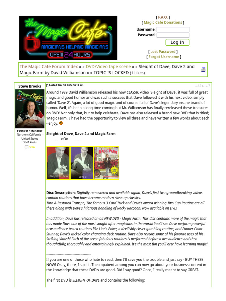 The Magic Cafe Forums - Sleight of Dave, Dave 2 and Magic Farm by David Williamson | PDF